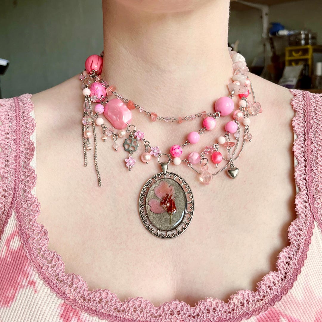 Whimsical Daisy Necklace, Rose Quartz Fantasy Choker, Coquette Y2K ...