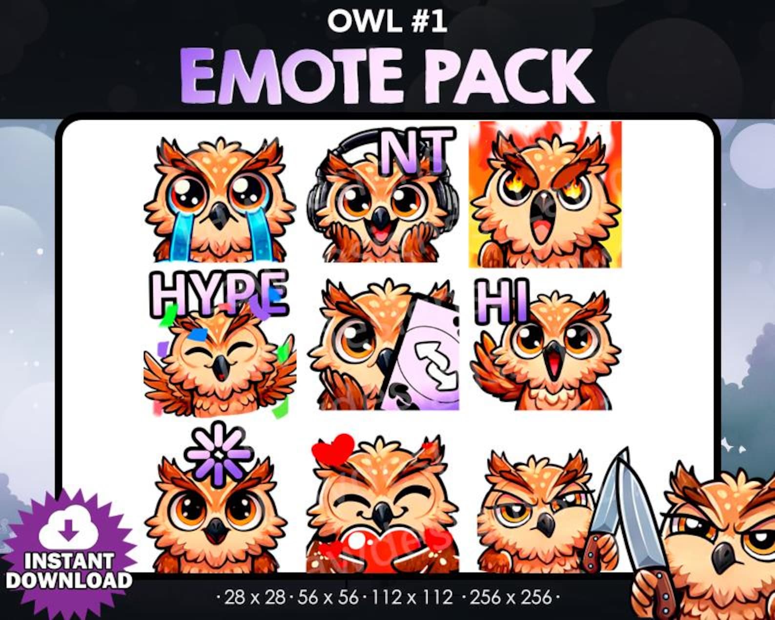 9 Owl Emotes Bundle Pack - Twitch, Youtube, Discord | Owl | Cute Twitch ...