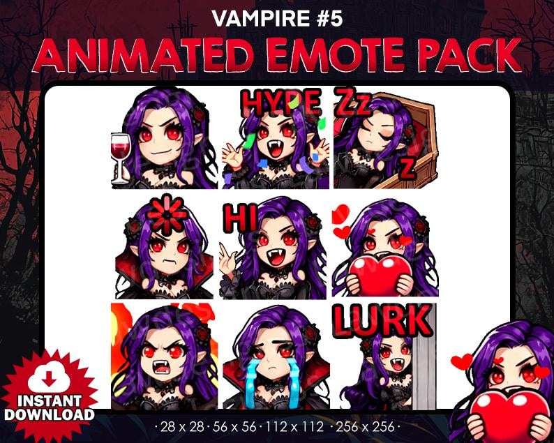 9 Animated Vampire Girl Purple Hair Bundle Pack Emotes -twitch, Discord ...