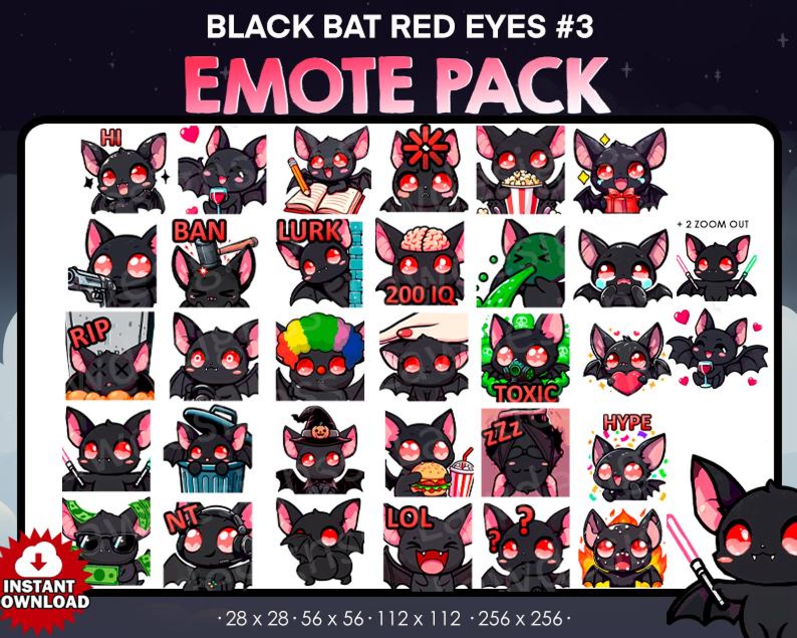30 + 2 Black Bat Red Eyes Emotes Bundle Pack | Halloween | Cute Black ...