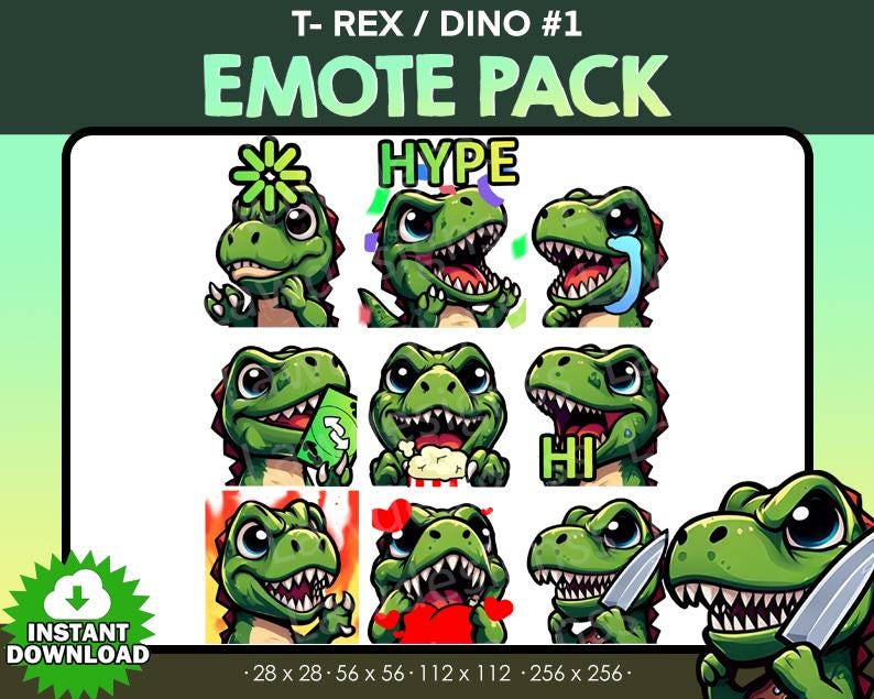 9 T-rex/ Dino Emotes Bundle Pack - Twitch, Youtube, Discord | Dinosaur ...