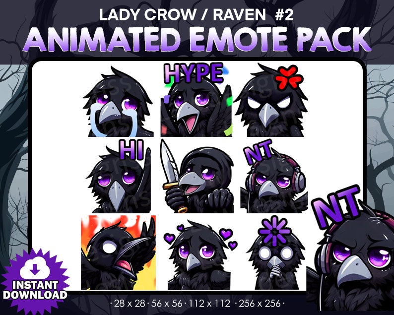 9 Lady Raven/ Crow Animated Emotes Bundle Pack - Twitch, Youtube ...