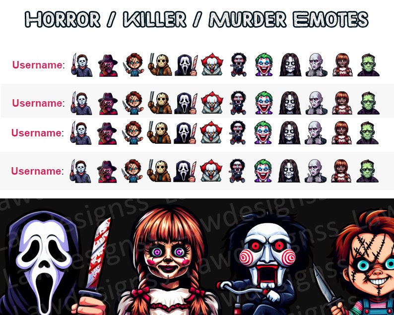 12 Horror/ Killer /murder Emotes/badges Bundle Pack - Twitch, Youtube ...