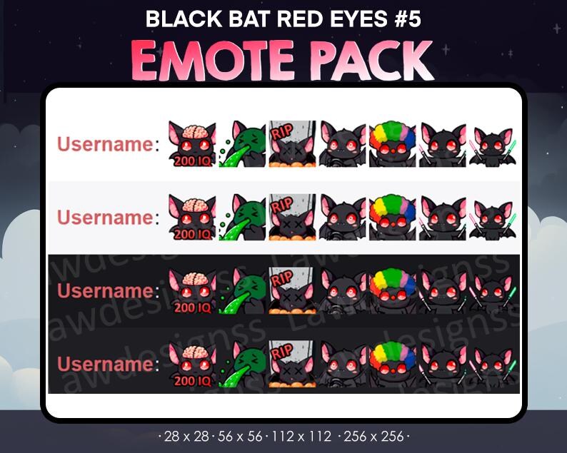 6 Black Bat Red Eyes Emotes Bundle Pack | Halloween | Cute Black Bat ...