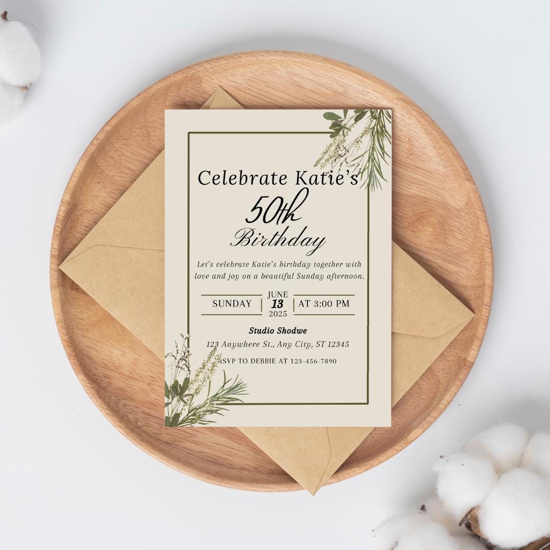 Botanical Birthday Invitation Template | Elegant Greenery (digital ...