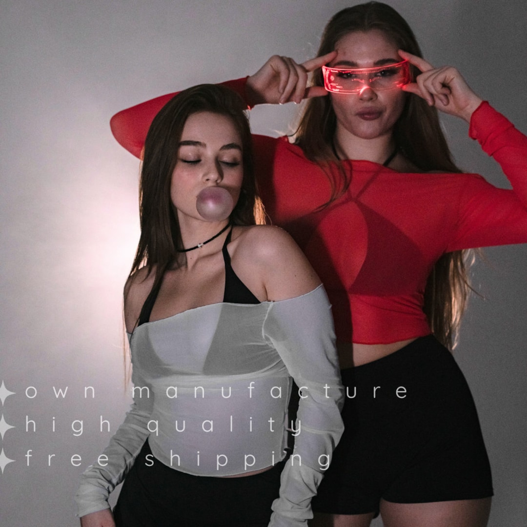 Red Mesh Crop Top With Dropped Shoulders and Long Sleeves | Sheer See ...