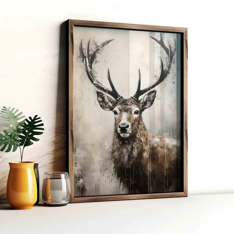Vintage Rustic Deer Painting, Country Home Wall Decor, Farmhouse Wall ...