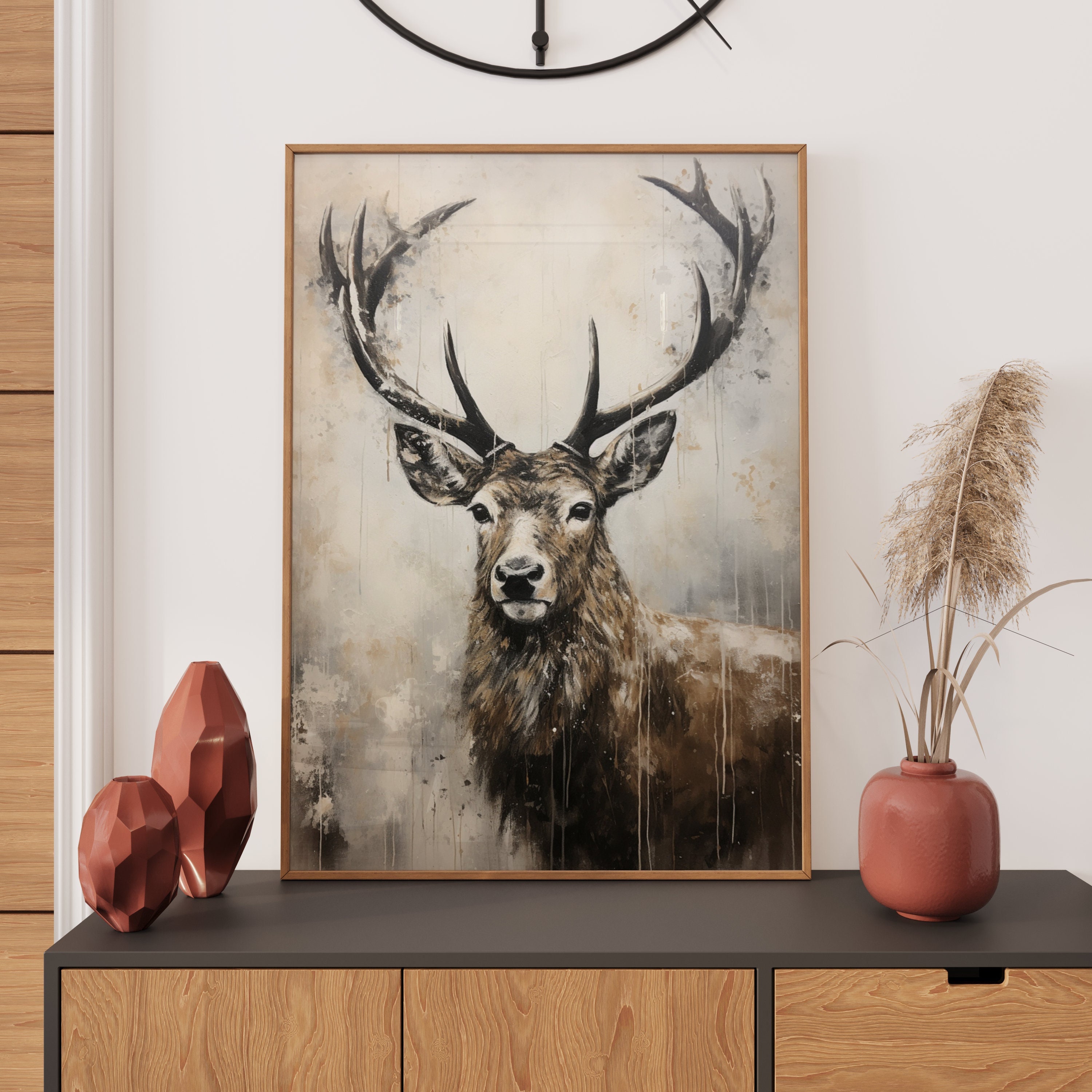 Vintage Rustic Deer Painting, Country Home Wall Decor, Farmhouse Wall ...