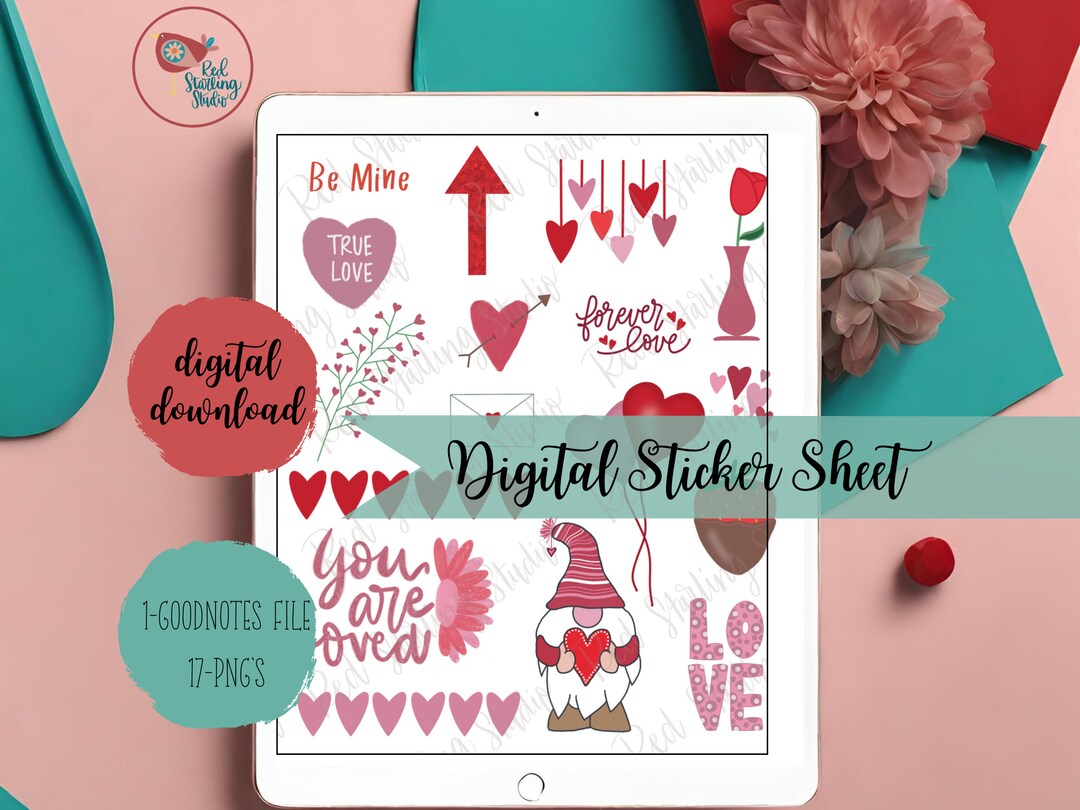 February Digital Sticker Sheet, Valentines Digital Stickers, Valentine ...