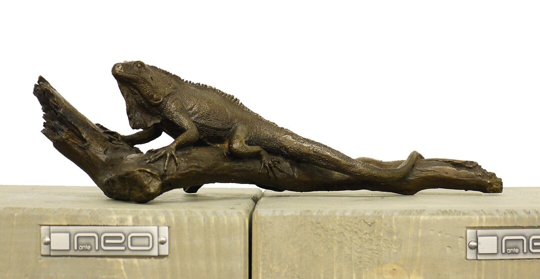 Bronze Figure Iguana on Branch Modern Animal Sculpture Signed Milo Wildlife Animal Reptile ...
