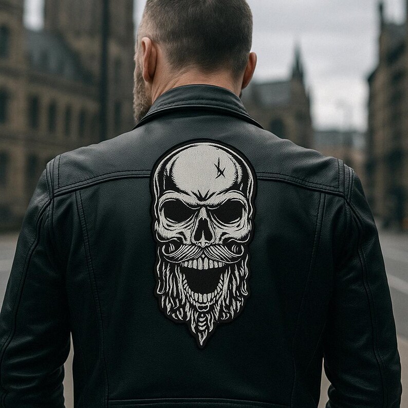 Biker Skull With Beard and Mustache – Large Embroidered Iron-on Patch ...