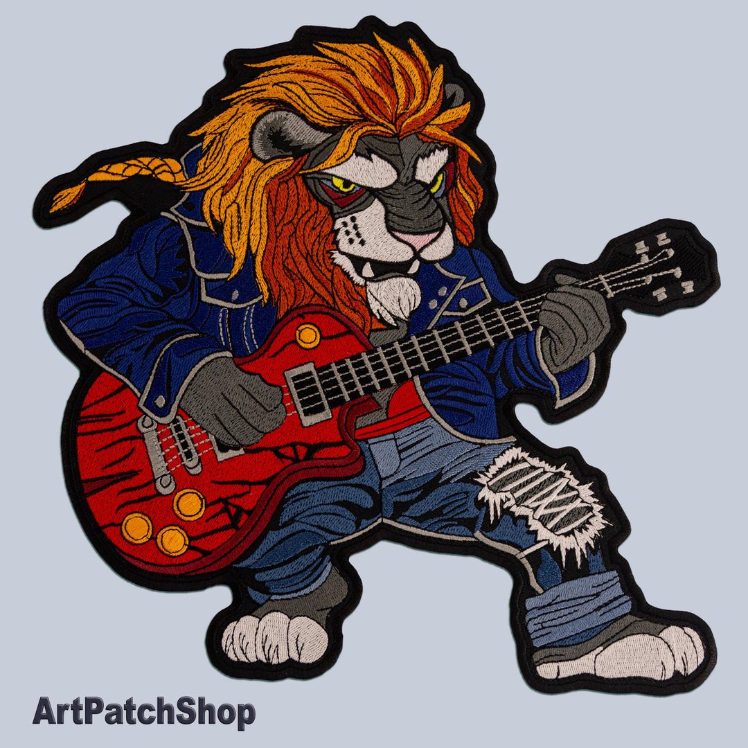 Rockstar Lion Guitar Patch – Fierce Embroidered Animal Playing Electric ...