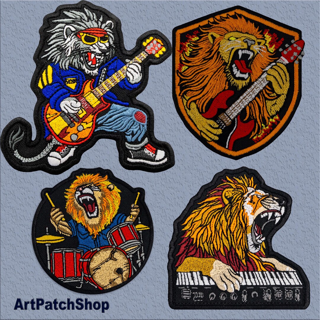 Lion Musician Patch Set – Roaring Lions Playing Guitar, Drums & Piano ...