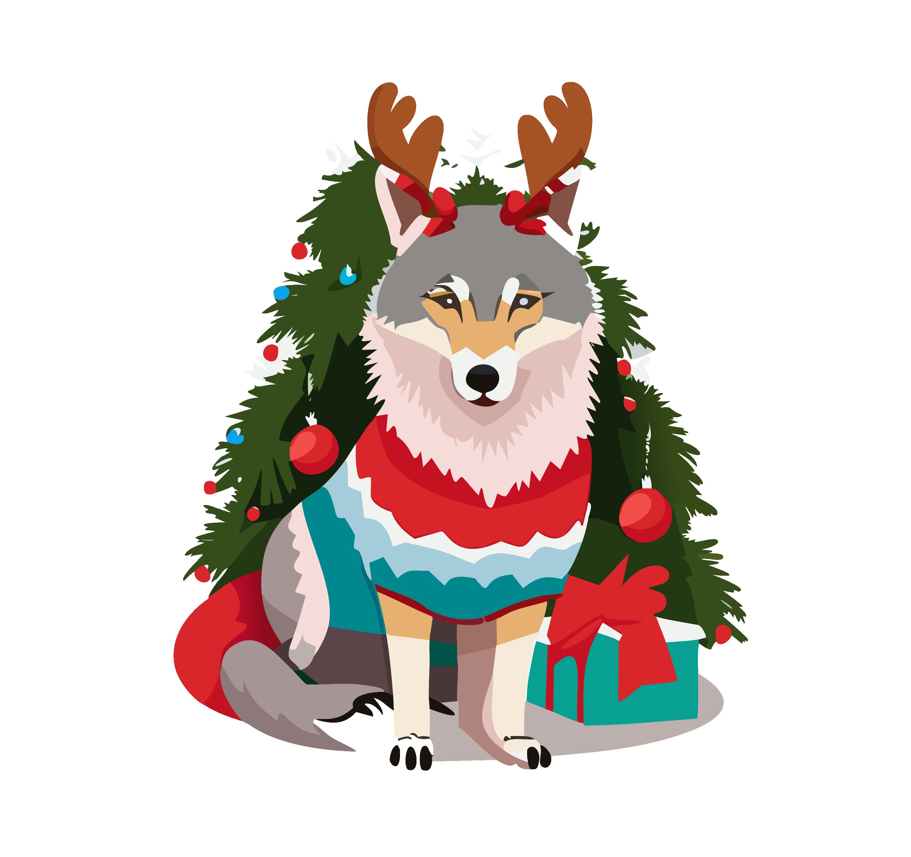 10 Illustrations of Christmas Wolf Sitting Next to Christmas Tree and ...