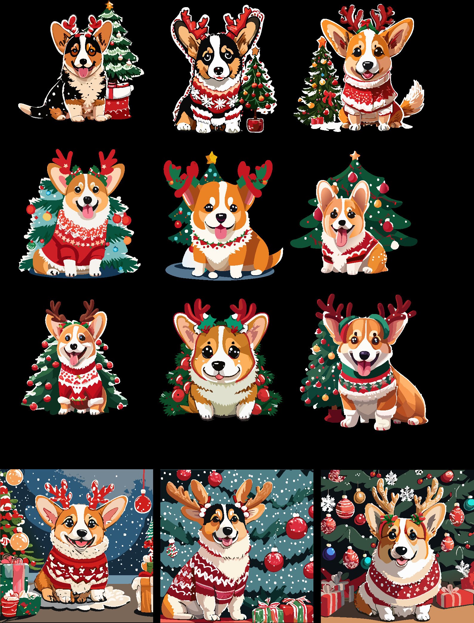 12pcs Illustrations of Christmas Cute Corgi Dog Sitting Next to ...