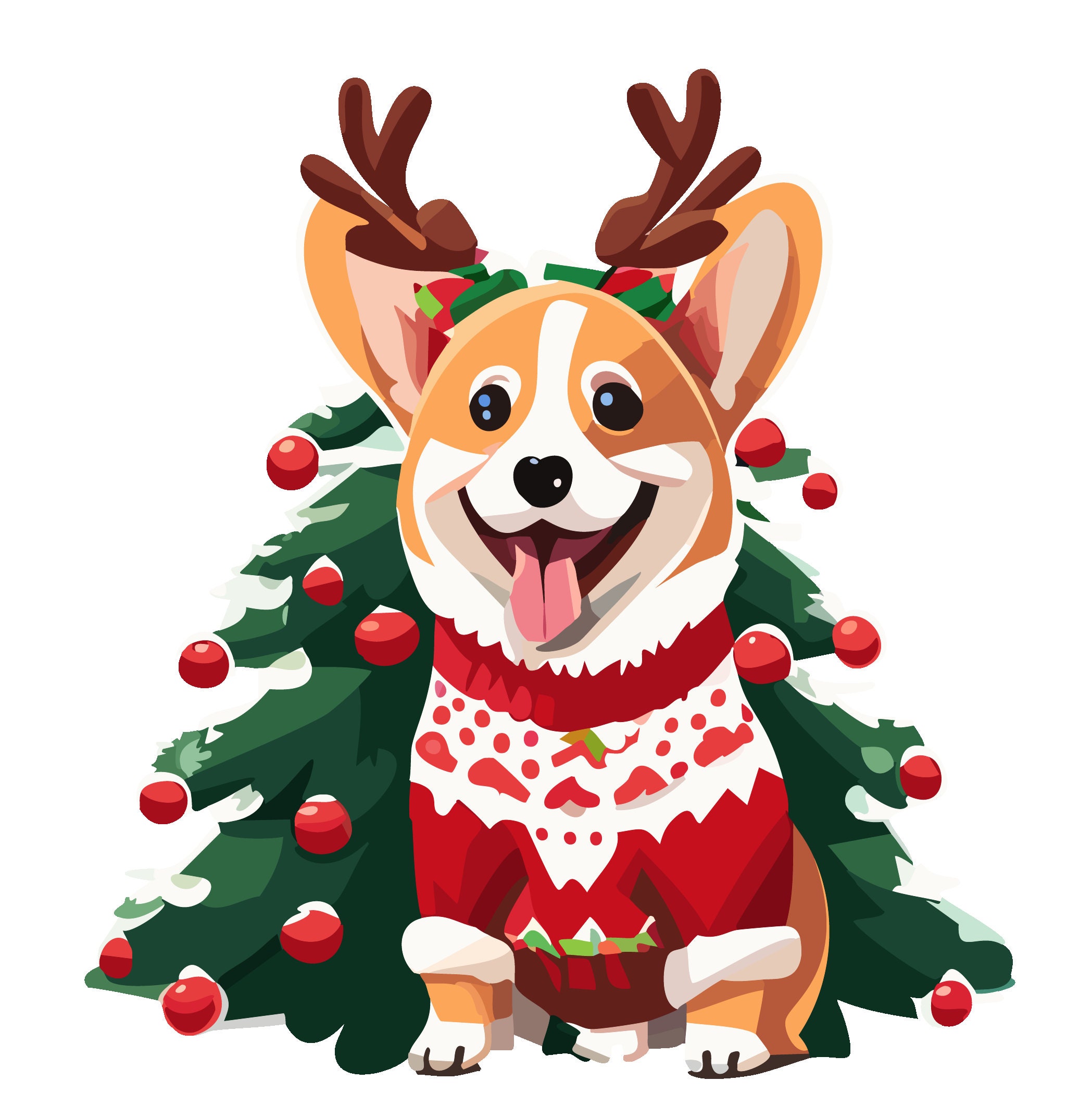 12pcs Illustrations of Christmas Cute Corgi Dog Sitting Next to ...