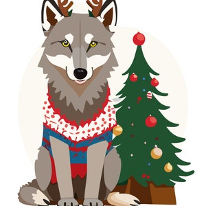 10 Illustrations of Christmas Wolf Sitting Next to Christmas Tree and ...