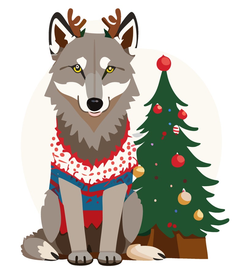 10 Illustrations of Christmas Wolf Sitting Next to Christmas Tree and ...
