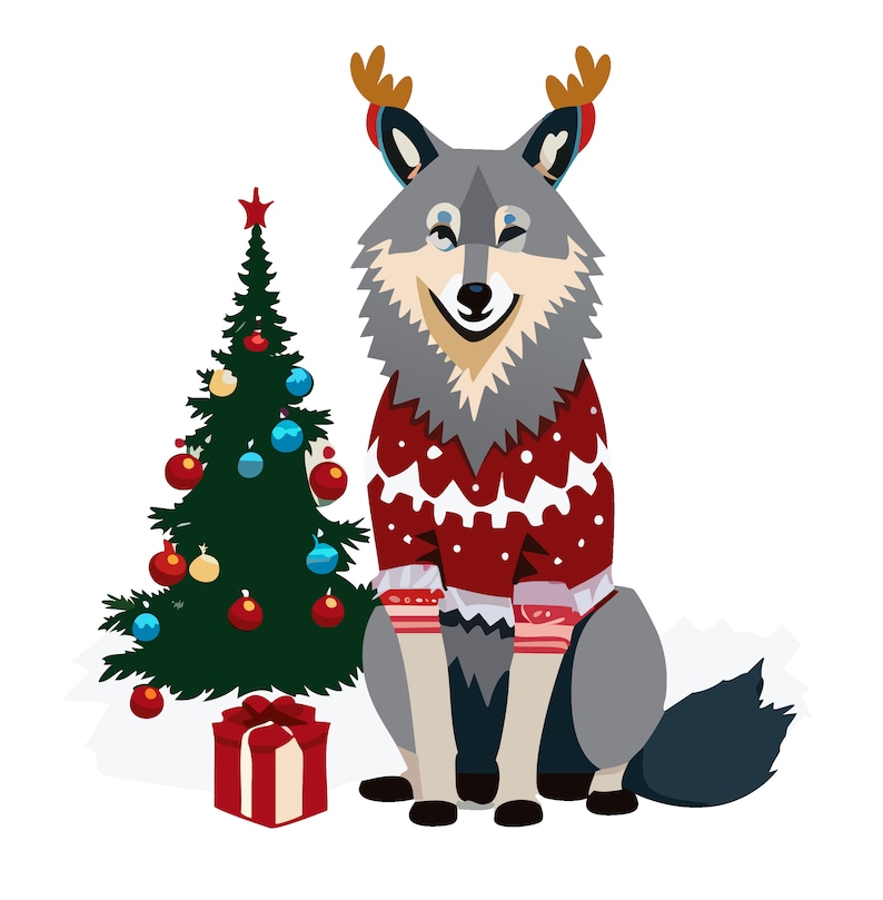 10 Illustrations of Christmas Wolf Sitting Next to Christmas Tree and ...