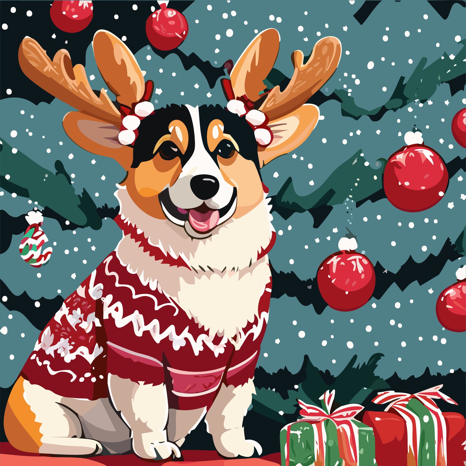12pcs Illustrations of Christmas Cute Corgi Dog Sitting Next to ...