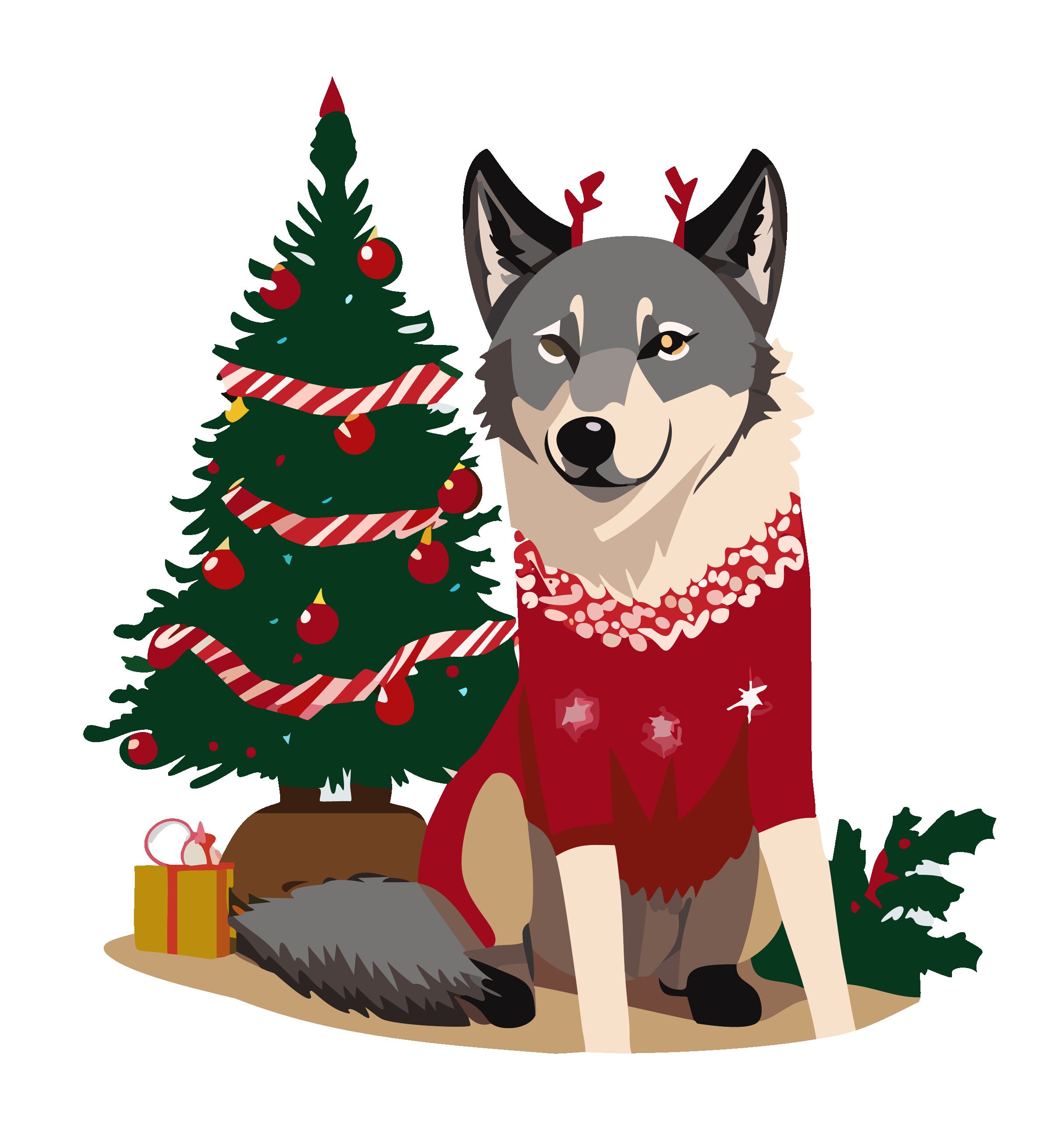 10 Illustrations of Christmas Wolf Sitting Next to Christmas Tree and ...