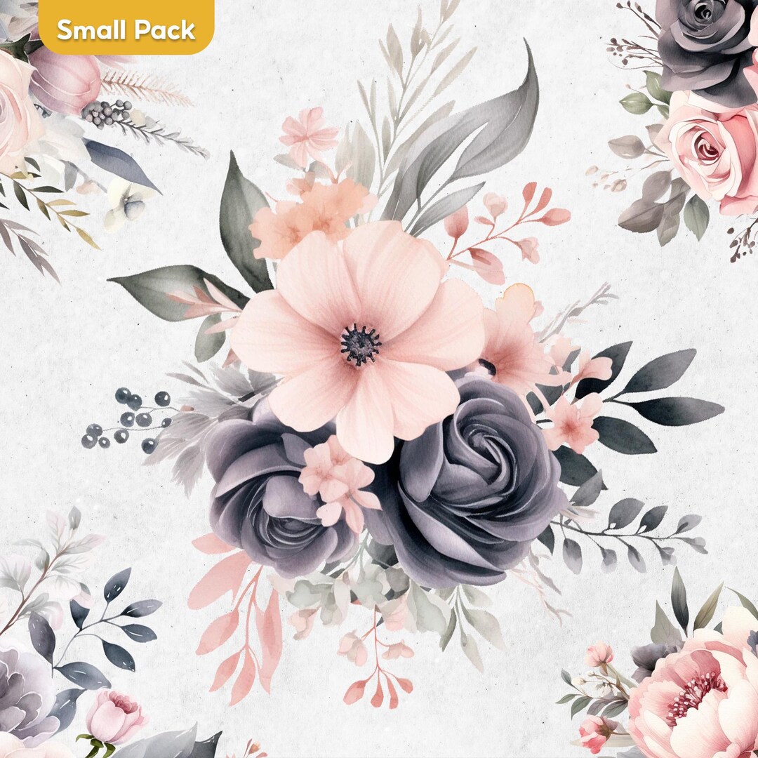 Watercolor Flower Clipart: Blush Pink & Slate Gray Bouquets (PNG ...