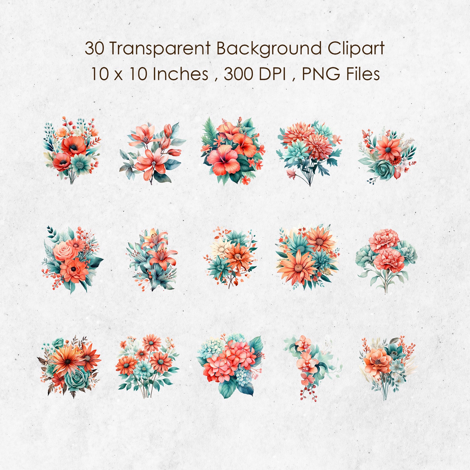 Teal and Coral Floral Watercolor Clipart,blue Green Flower PNG ...