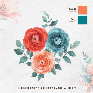 Teal and Coral Floral Watercolor Clipart,blue Green Flower PNG ...
