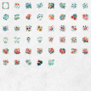 Teal and Coral Floral Watercolor Clipart,blue Green Flower PNG ...