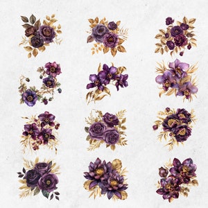 Dark Purple and Gold Flowers Watercolor Clipart Set,aubergine Floral ...