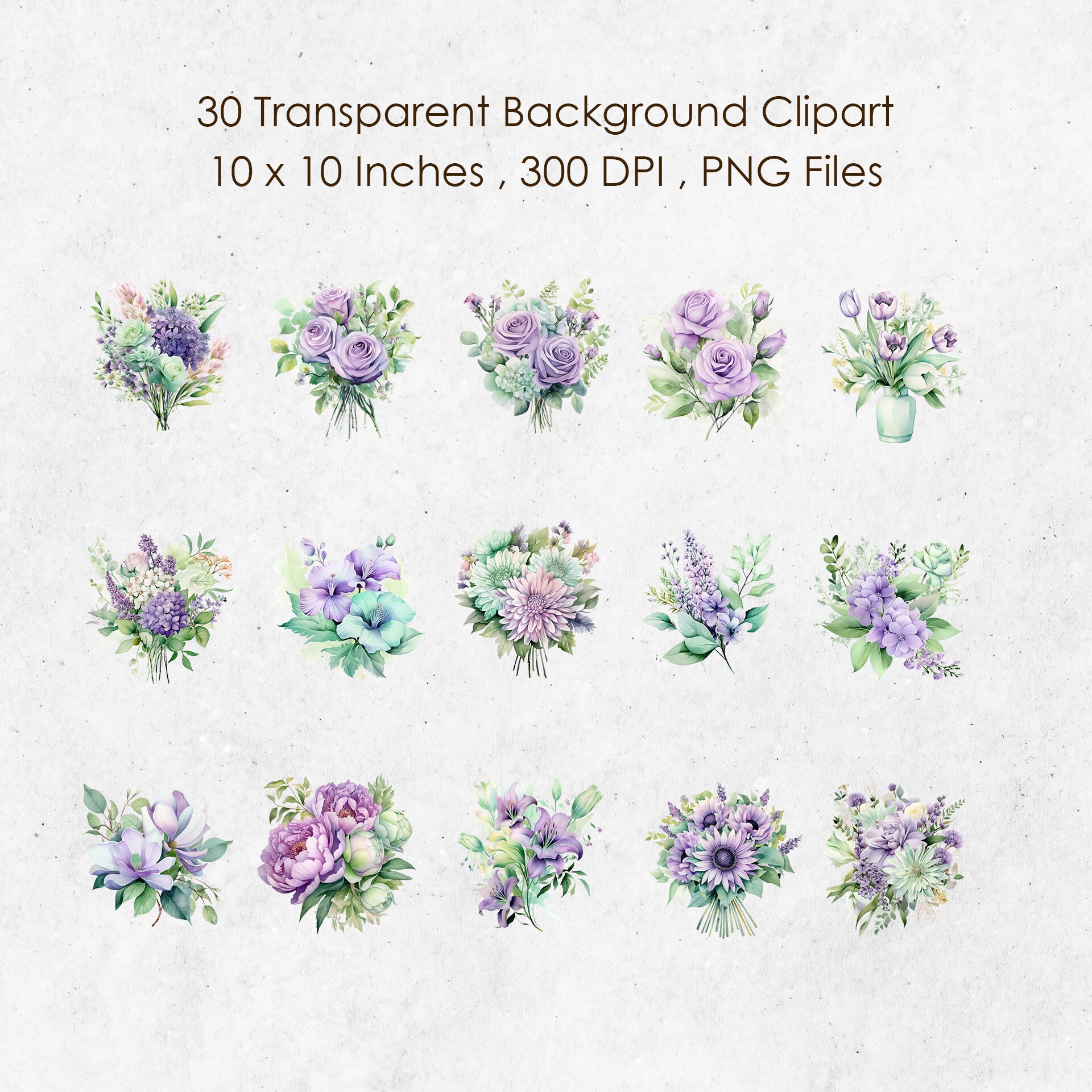 Watercolor Flower Clipart | Lavender, Mint Green Floral PNG (commercial ...