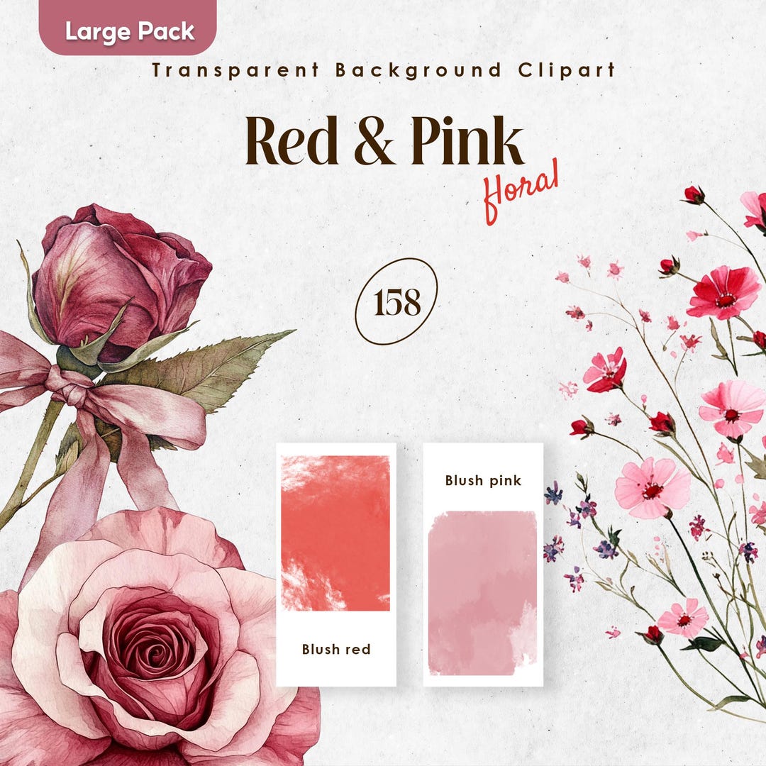 Red and Pink Floral Clipart, Watercolor Roses and Peonies, Romantic ...