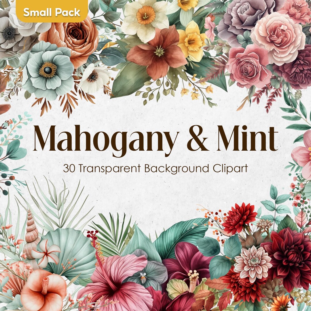 Mahogany Mint Watercolor Flowers Clipart | Burgundy Floral PNG, Boho ...