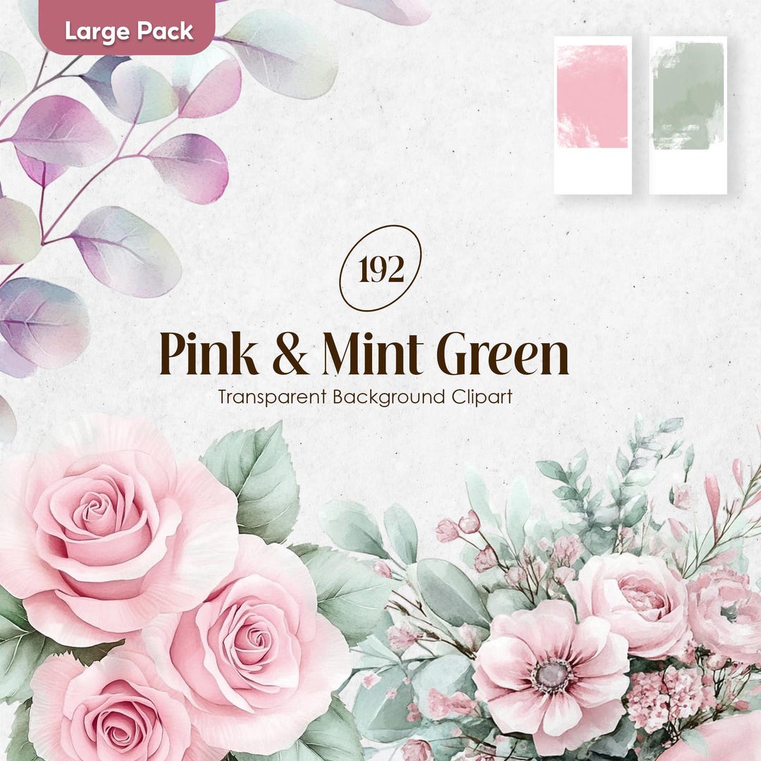Pink and Mint Green Floral Watercolor Clipart (PNG) - Etsy