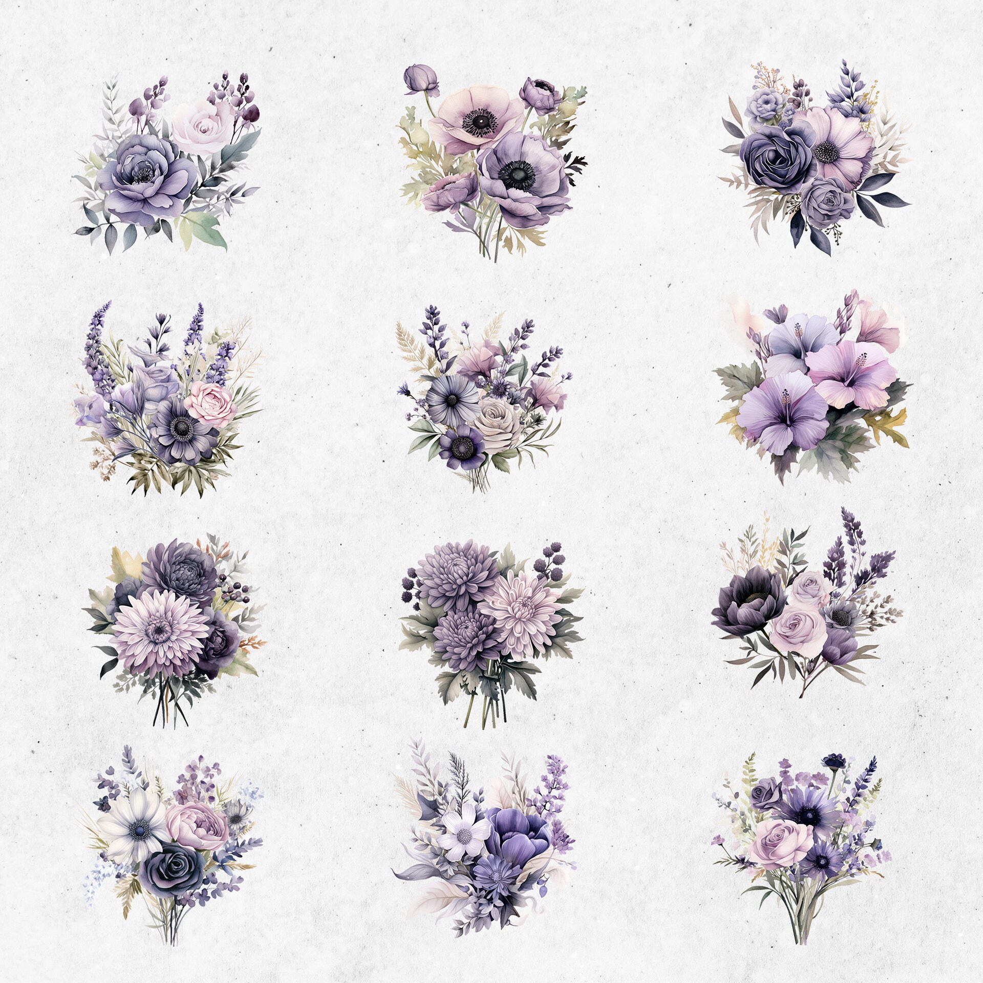 Lavender and Charcoal Gray Watercolor Flowers Clipart Set,dark Purple ...