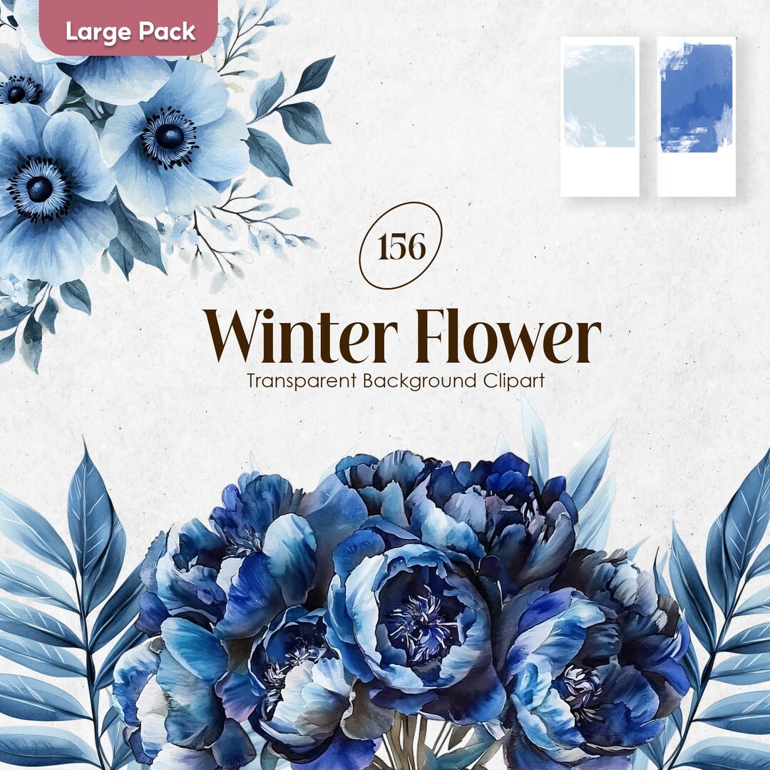 Winter Flower Clipart, Blue Floral Watercolor PNG, Christmas Flowers ...