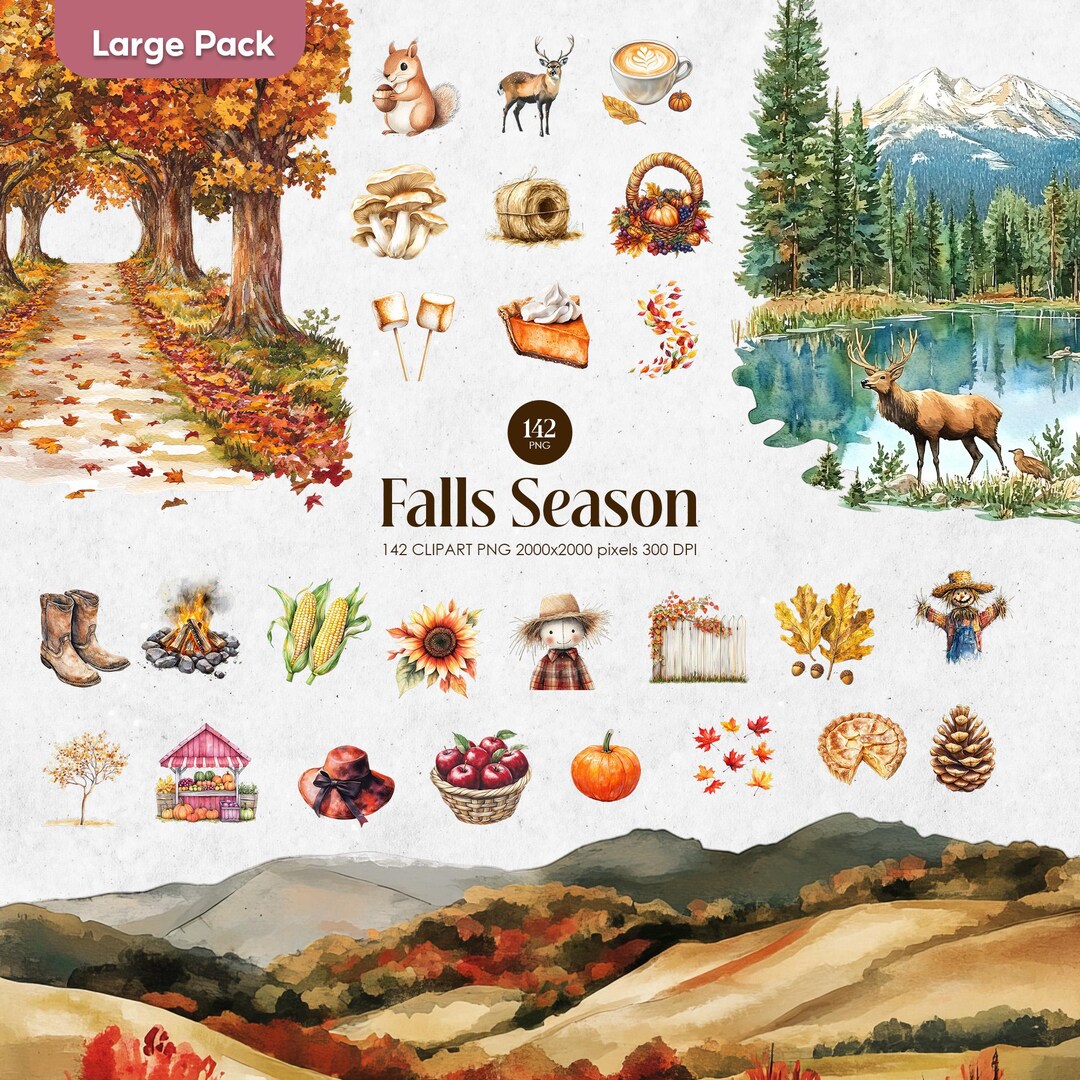 Watercolor Fall Clipart Set, Autumn Forest Landscape, Pumpkin Harvest ...