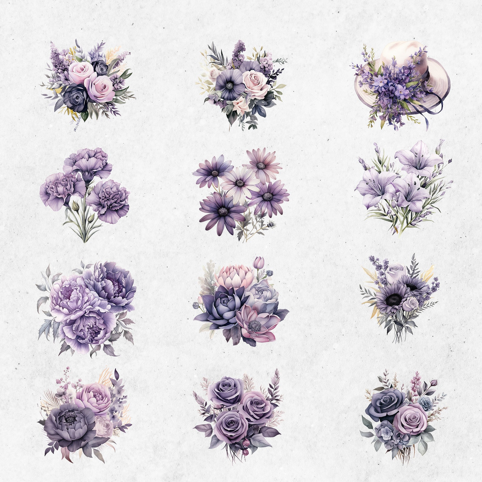 Lavender and Charcoal Gray Watercolor Flowers Clipart Set,dark Purple ...