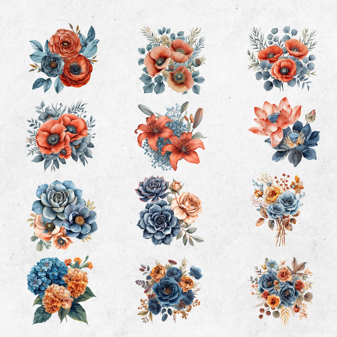 Dusty Blue and Burnt Orange Flowers Watercolor Clipart Set,slate Navy ...