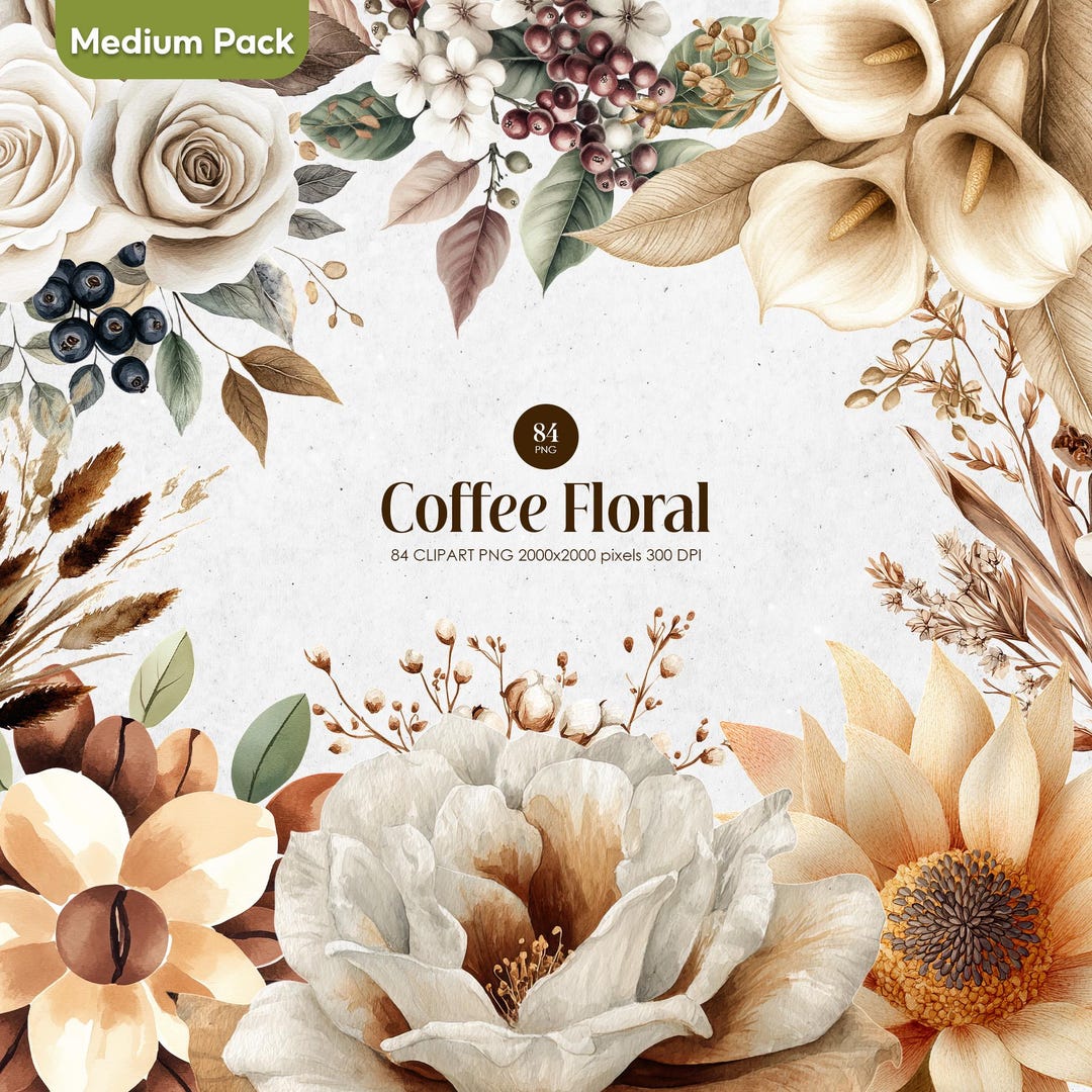 Coffee Floral Clipart, Mocha Flower PNG, Neutral Watercolor Bouquet ...