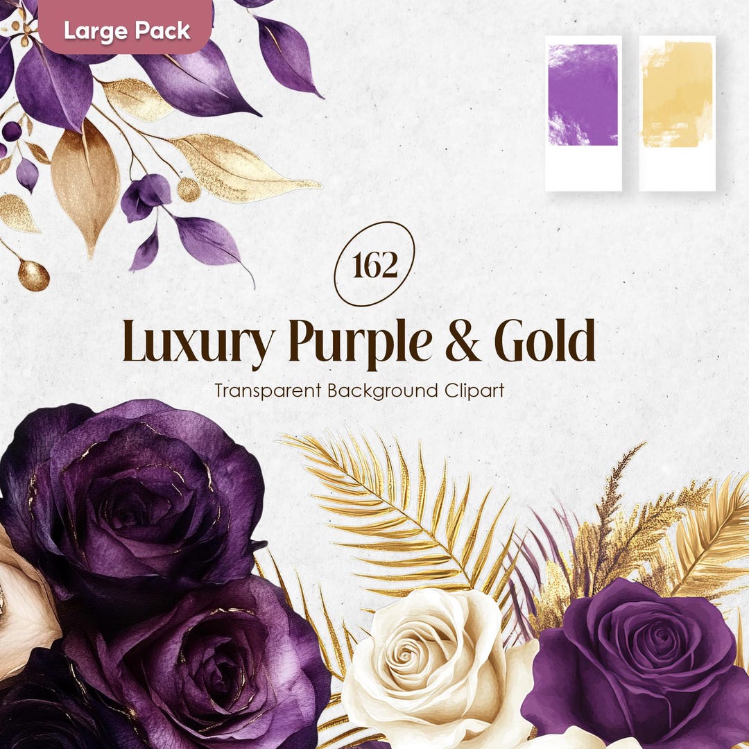 Deep Purple and Gold Flower PNG Watercolor Clipart Luxury Floral ...