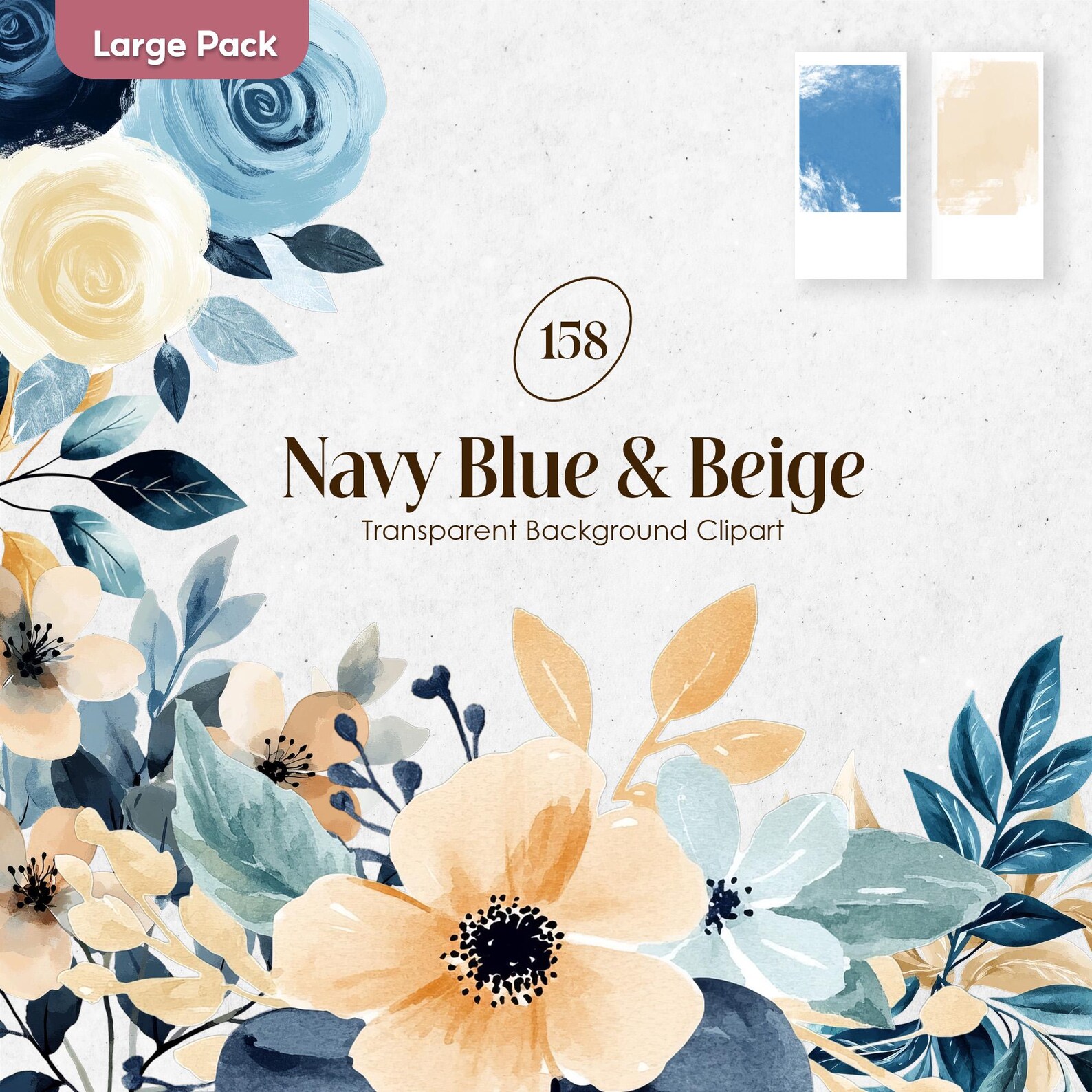 Navy Blue Floral Clipart, Beige Flower PNG, Elegant Watercolor Bouquet ...