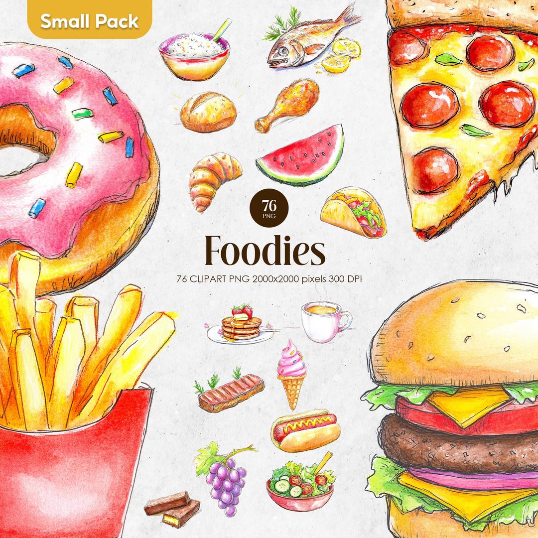 Food Clipart, Watercolor Food PNG, Cute Snack Burger Donut Pizza Coffee ...