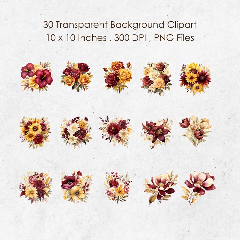 Burgundy Gold Watercolor Flowers Clipart: Floral Wreaths Bouquets (PNG ...
