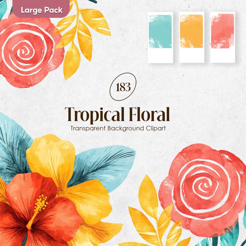 Tropical Floral Clipart, Hibiscus Flower PNG, Summer Watercolor Flowers ...
