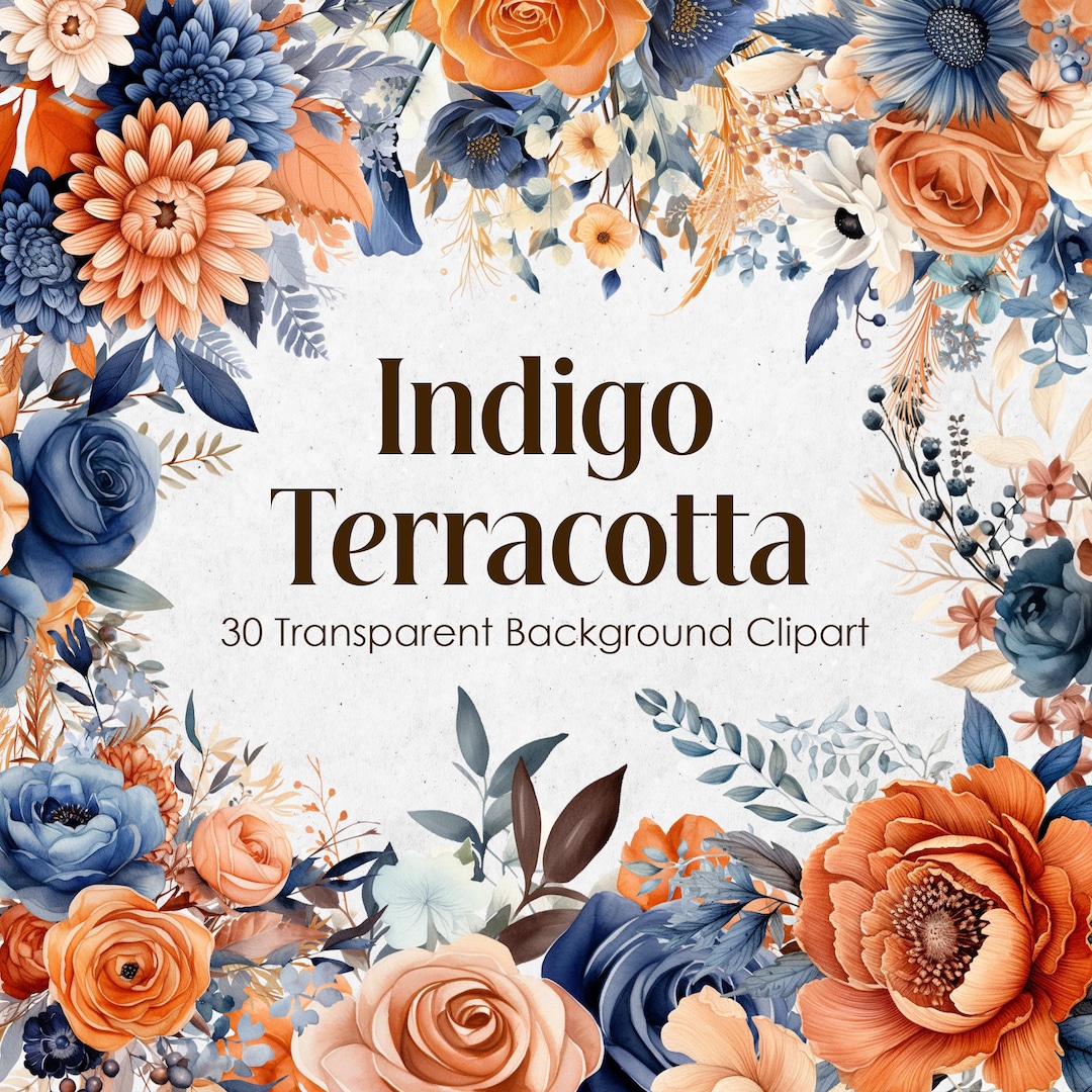 Indigo Terracotta Floral Watercolor Clipart,brick Bronze Flowers PNG ...