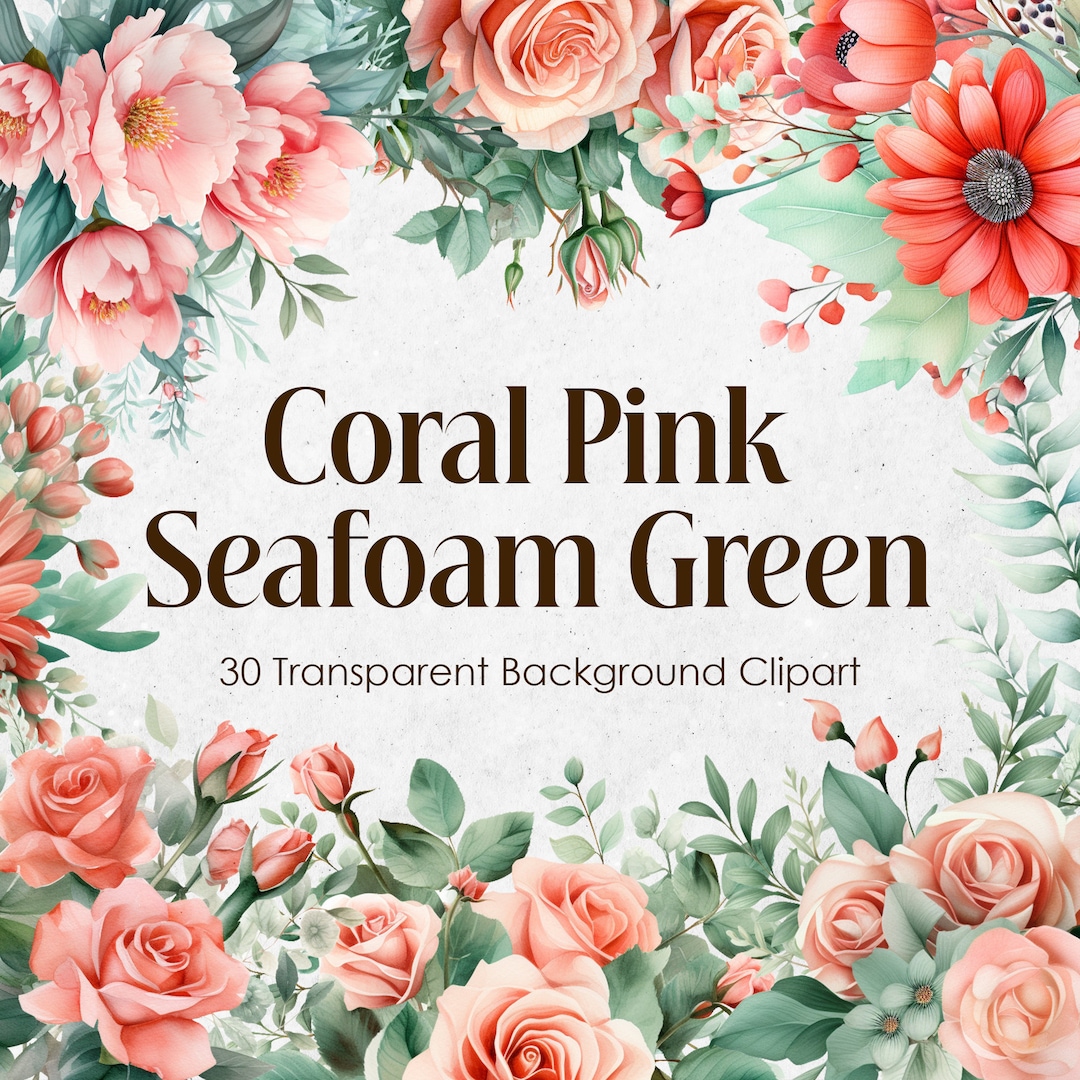 Coral Pink and Mint Green Flowers Watercolor Clipart Bundle,pastel ...