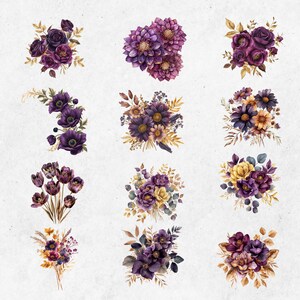Dark Purple and Gold Flowers Watercolor Clipart Set,aubergine Floral ...