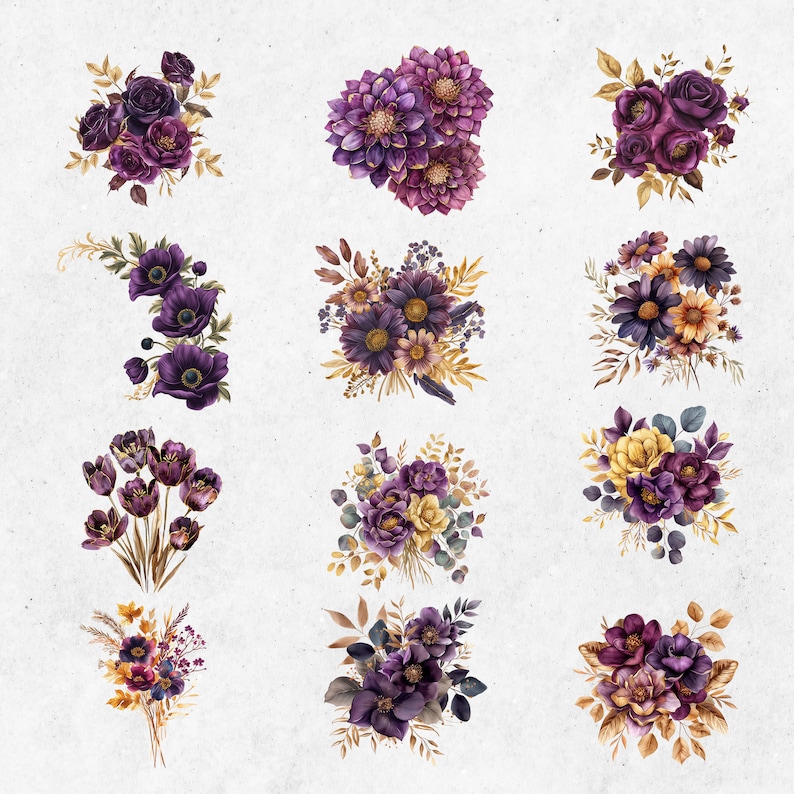Dark Purple and Gold Flowers Watercolor Clipart Set,aubergine Floral ...