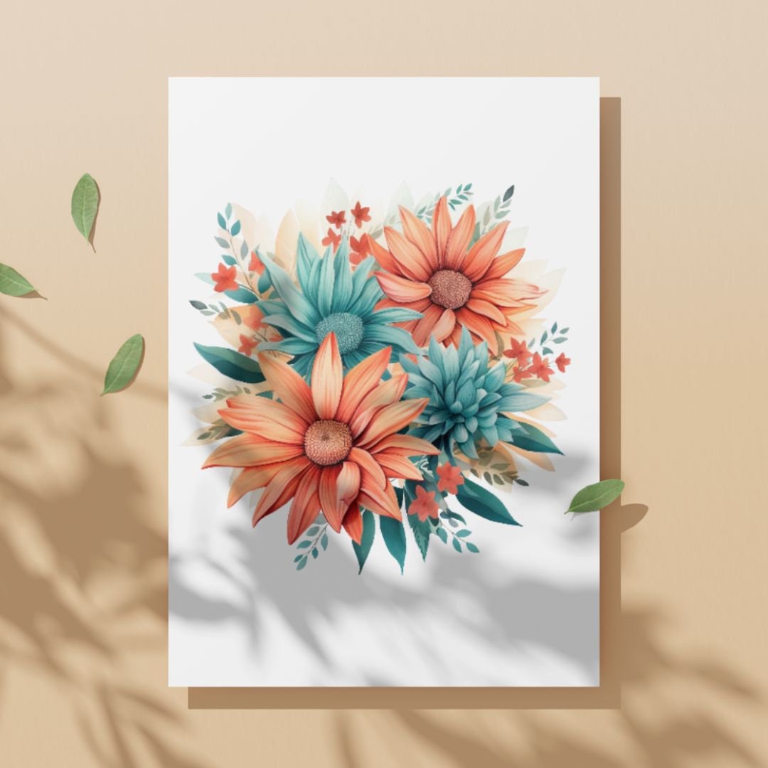 Teal and Coral Floral Watercolor Clipart,blue Green Flower PNG ...